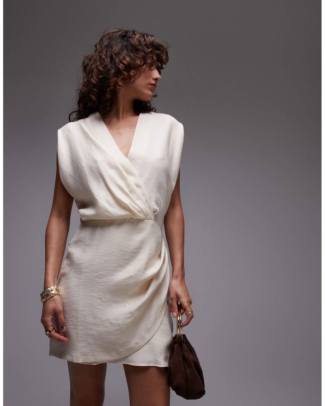 Mango V Neck Draped Fabric Cinched Wait Mini Dress in Brown | Lyst