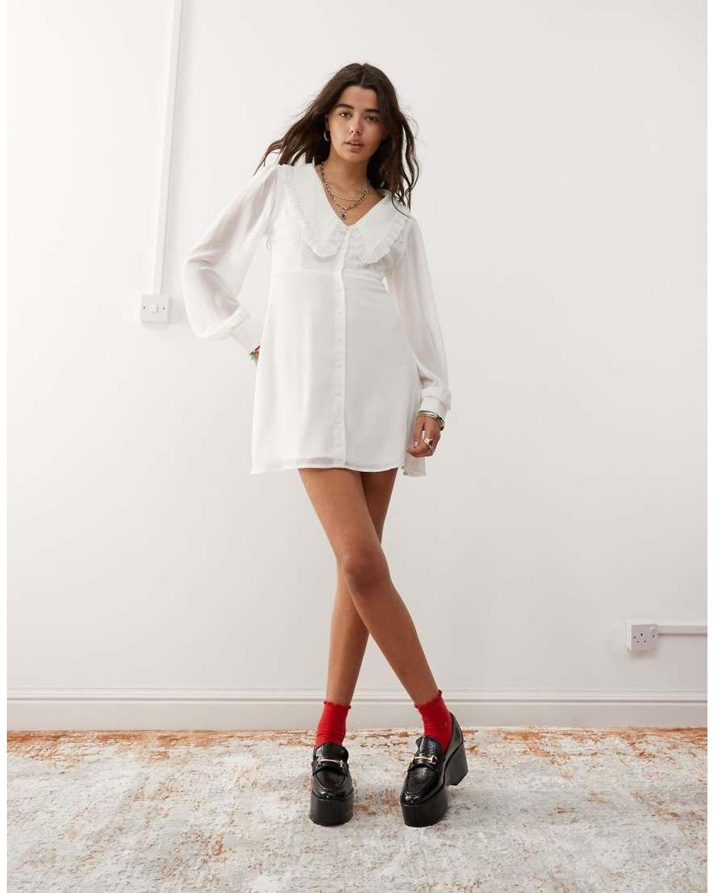 Reclaimed vintage Long Sleeve Mini Dress With Collar in White Lyst UK