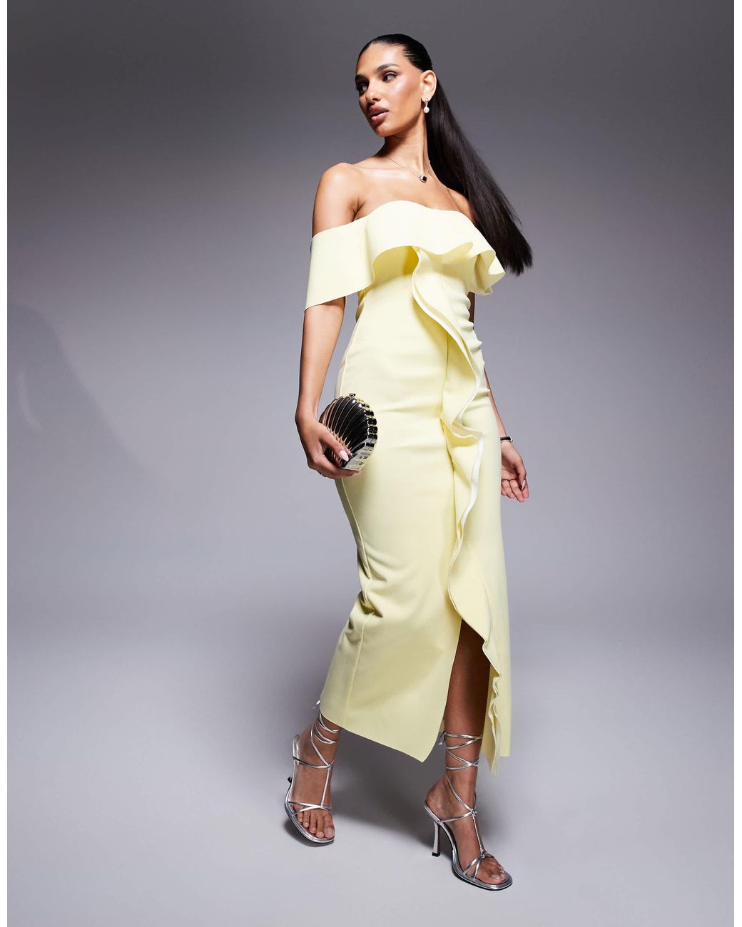 ASOS Bandeau With Frill Details Midi Dress in Yellow | Lyst