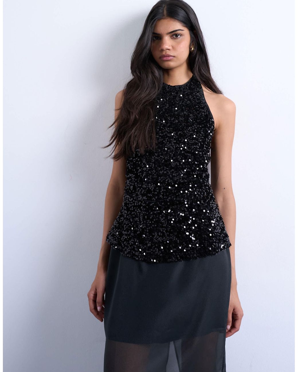TOPSHOP Velvet Sequin Halter Top in Black | Lyst