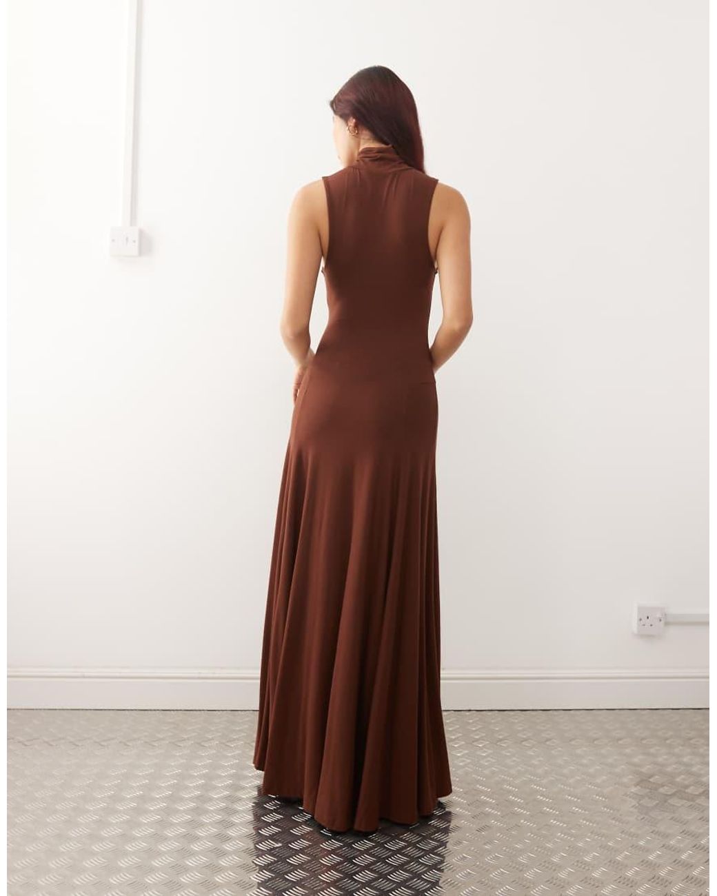 Susmie's Susmies Diana Slinky Cupro High Neck Maxi Dress in Brown | Lyst UK