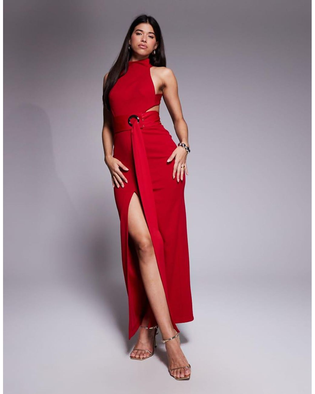 ASOS Halter Maxi Dress With Slit And Knot Belt in Red | Lyst UK