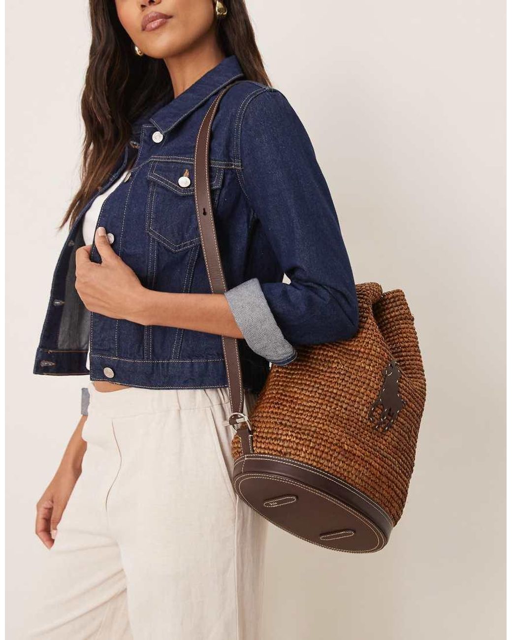 Polo Ralph Lauren Bucket Tas Van Raffia Met Logo in het Blauw | Lyst NL