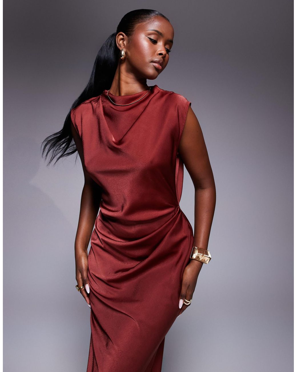 ASOS High Neck Pleated Bodice Midi Dress in Red | Lyst