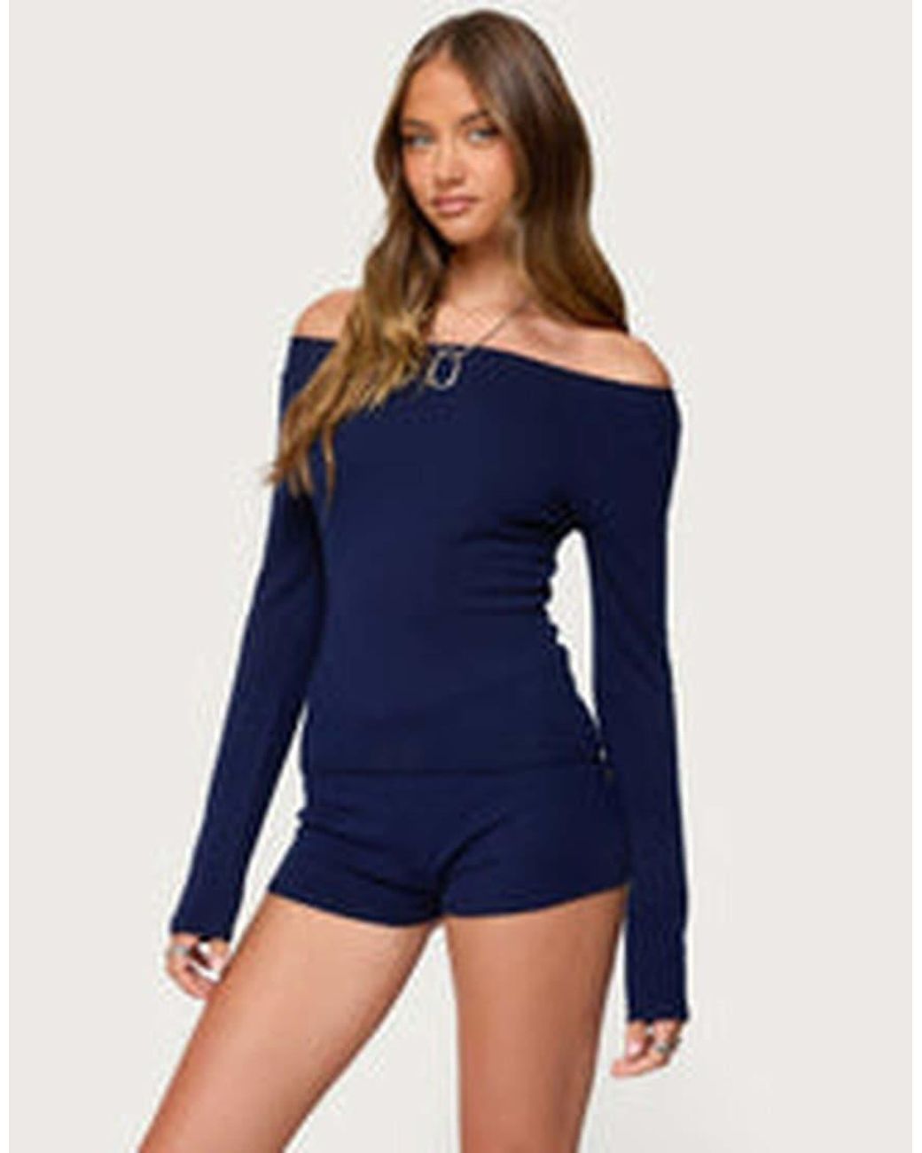 Edikted Arianna Off Shoulder Knit Sweater in Blue | Lyst UK