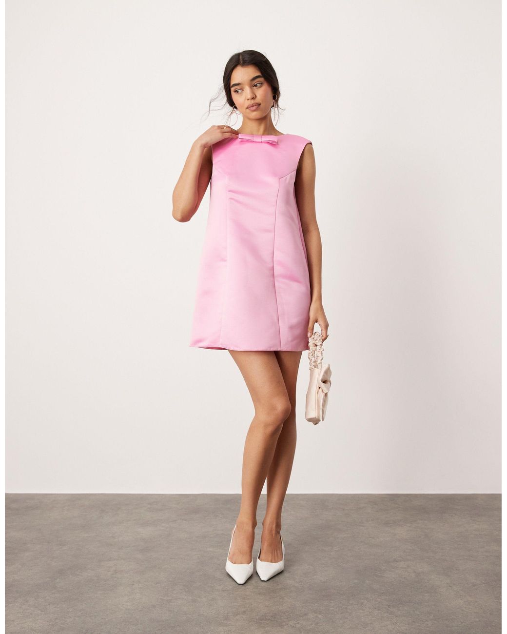 ASOS Structured Satin Mini Shift Dress With Bow in Pink | Lyst