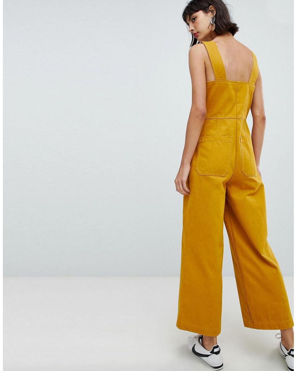 ASOS Denim Jumpsuit With Side Buttons In Mustard In Yellow Lyst ...