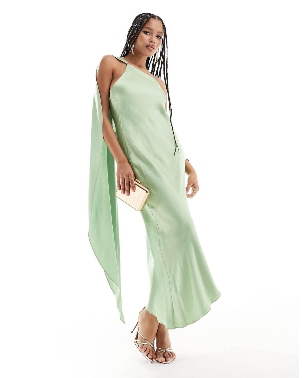 Mango One Shoulder Drape Satin Midi Dress in Green | Lyst