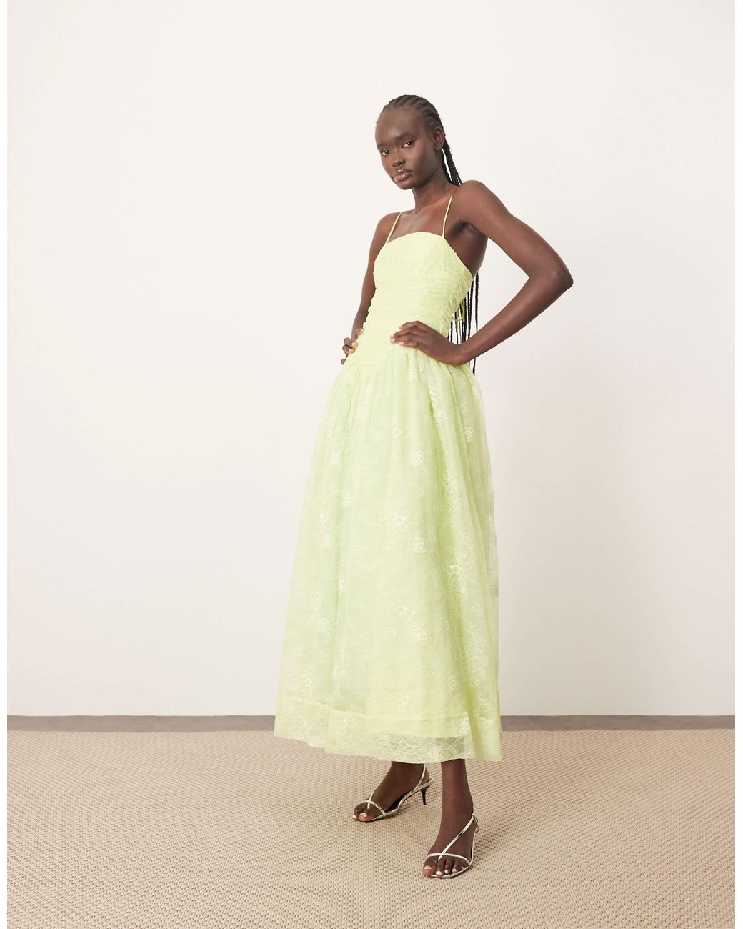 ARRANGE Lace Corset Detail Midi Dress With Full Skirt in Natural | Lyst