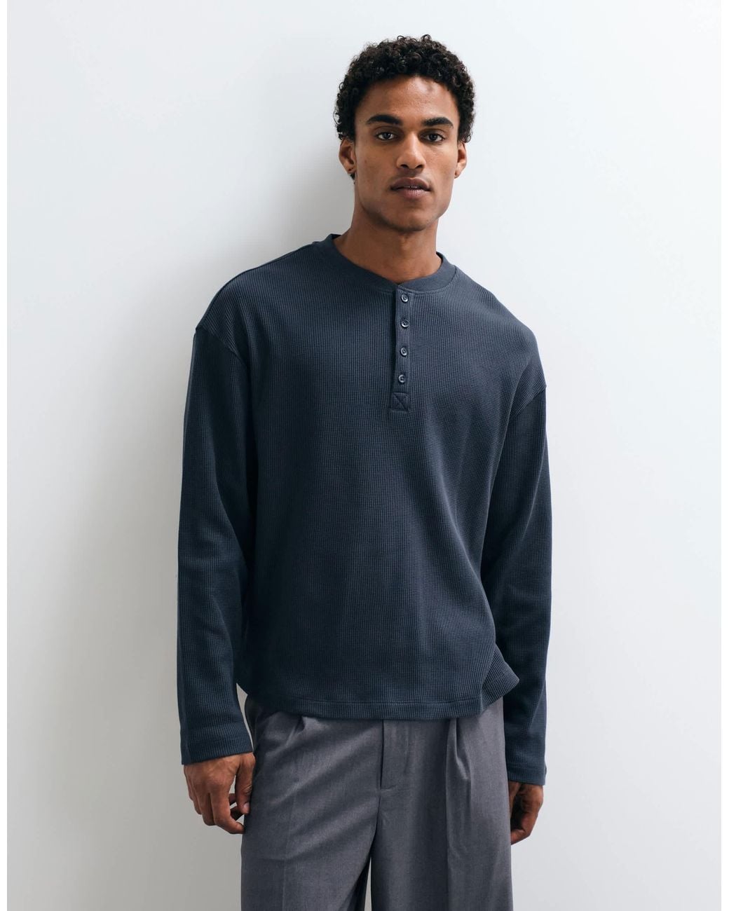 Collusion Boxy Oversized Long Sleeve Henley T-shirt in Blue for Men | Lyst