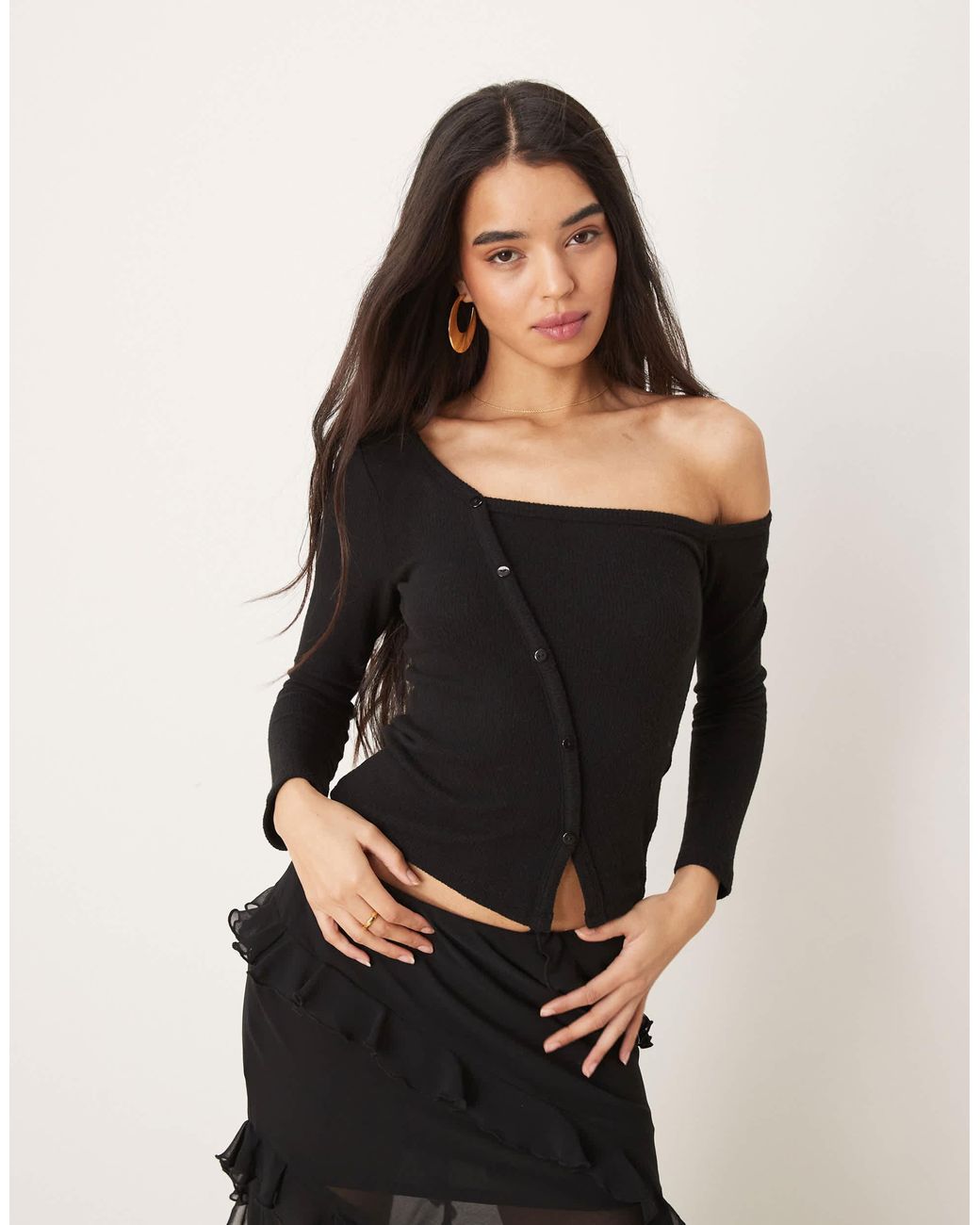 ASOS Asymmetric Off Shoulder Button Through Top in Black | Lyst