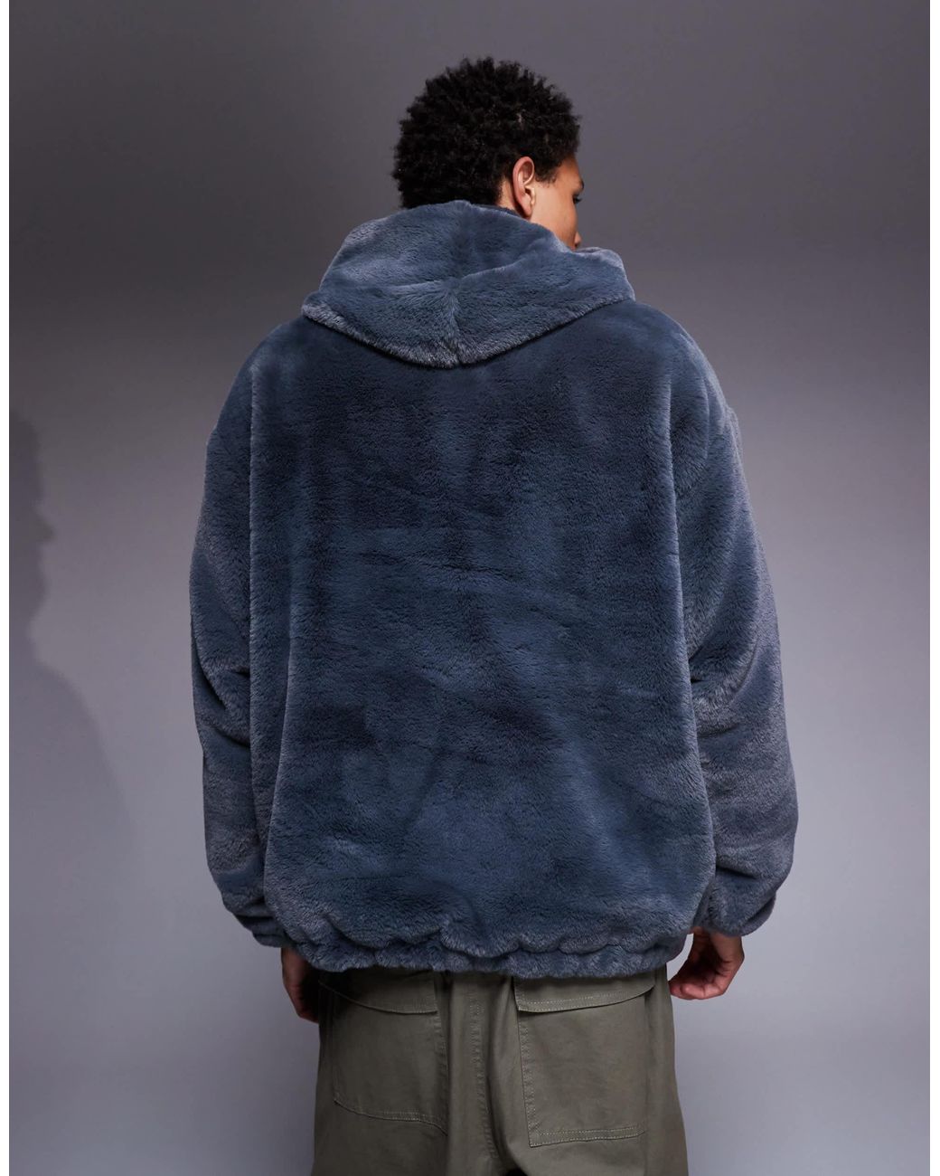 ASOS Relaxed Faux-fur Hoodie With Side Entry Pockets in Blue for Men | Lyst