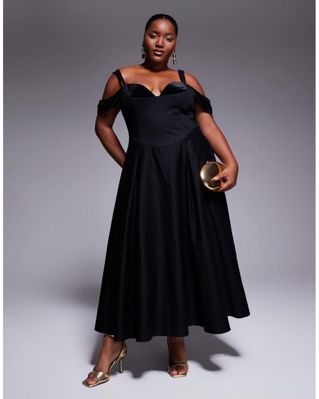 ASOS Curve Midi Dress With Full Skirt And Velvet Inserts in Black | Lyst