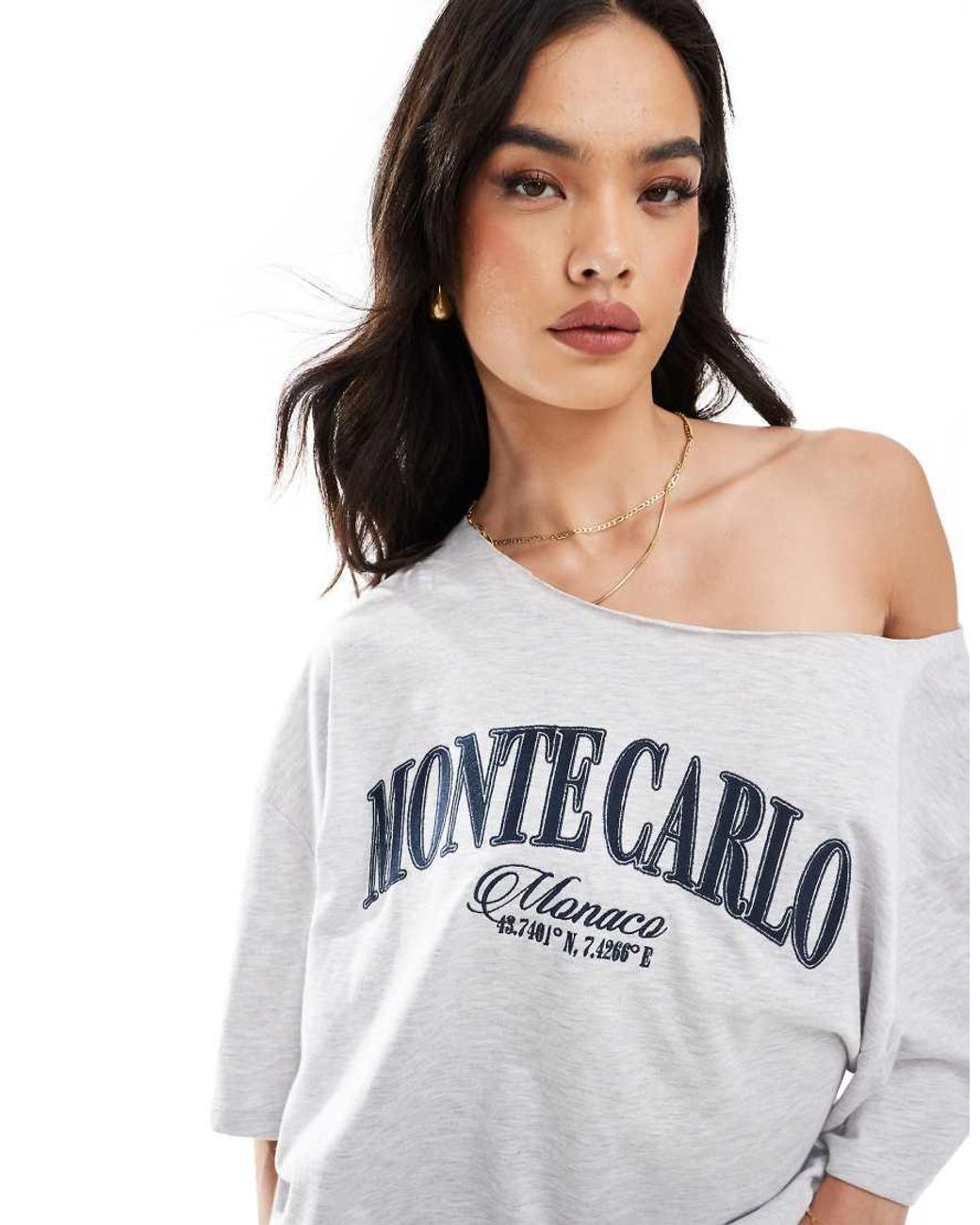 ASOS Relaxed Off Shoulder T-shirt With Monte Carlo Graphic in White ...