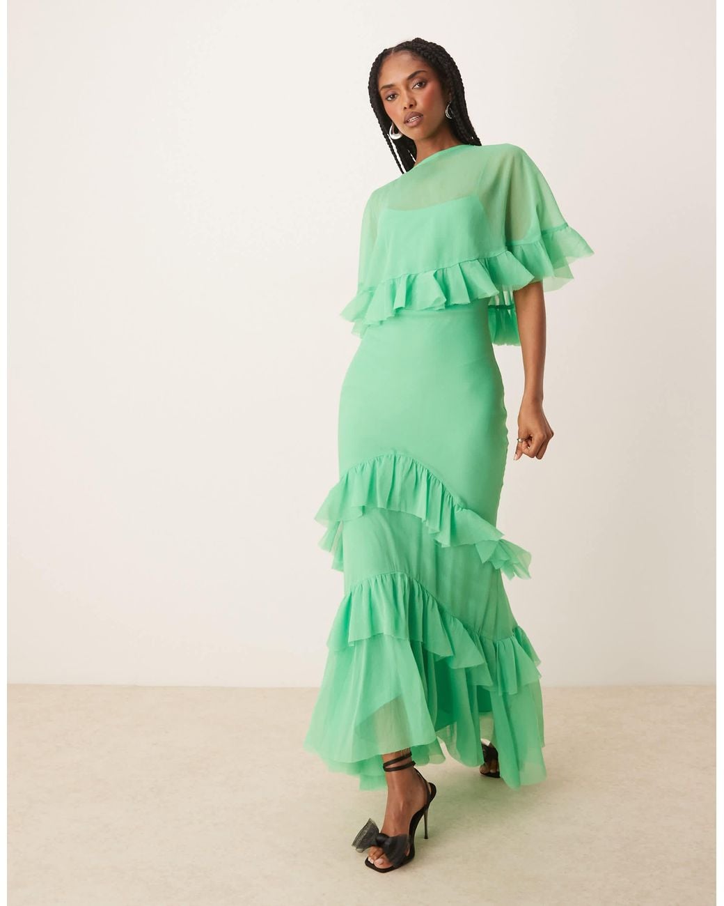ASOS Cape Overlay Ruffle Bias Maxi Dress in Green | Lyst