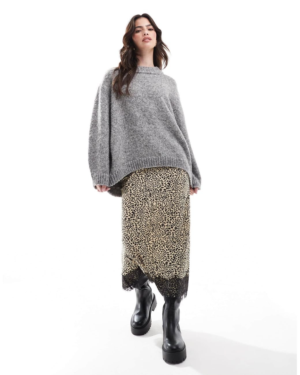 Wednesday's Girl Lace Trim Leopard Print Midi Skirt in Gray | Lyst