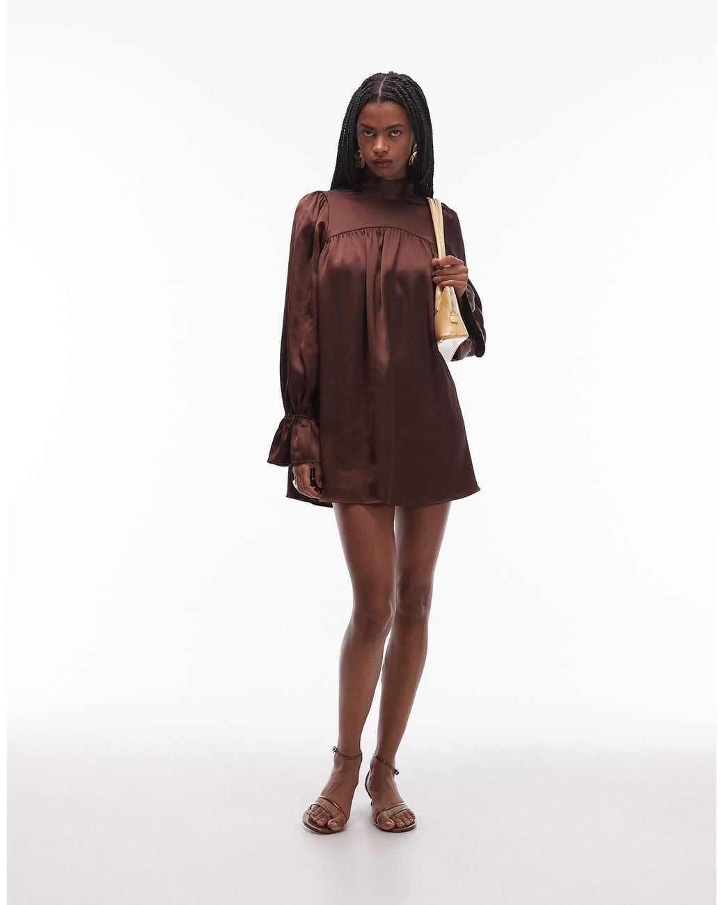ASOS Satin High Neck Blouson Sleeve Mini Dress in Brown | Lyst