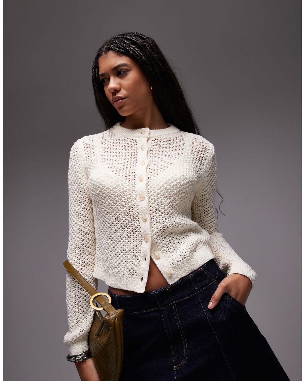 TOPSHOP Knitted Stichy Cardi in Gray | Lyst