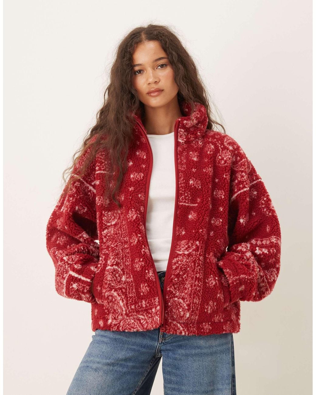 ASOS Borg Zip Through Fleece With Bandana Print in Red | Lyst