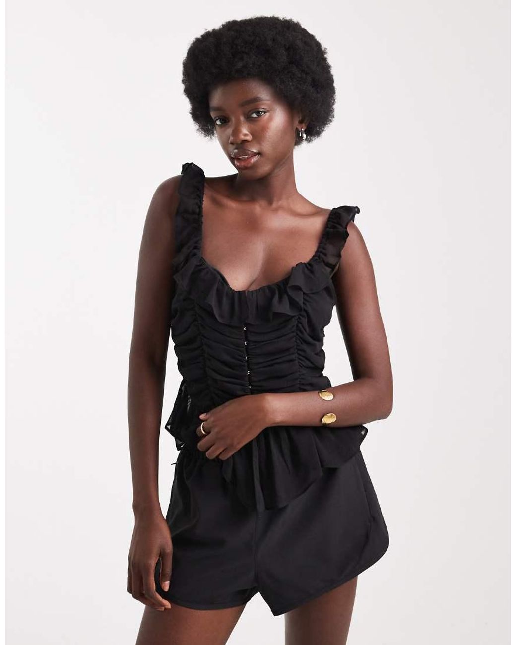 Miss Selfridge Ruched Detail Frill Cami in Black | Lyst UK