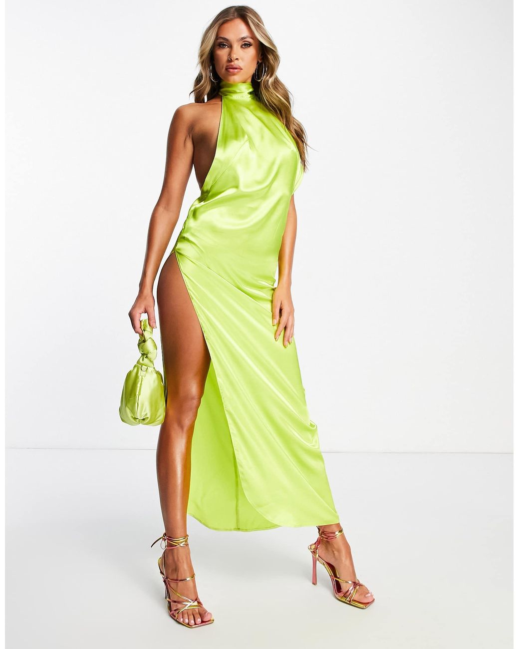 First Distraction The Label Satin Maxi Dress With Open Back in Green | Lyst