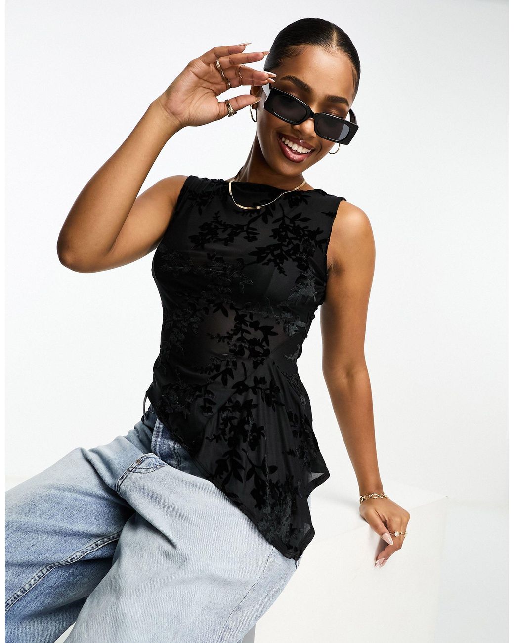 ASOS Sheer Slash Neck Burnout Tank Top With Ruffle Godet Detail in ...