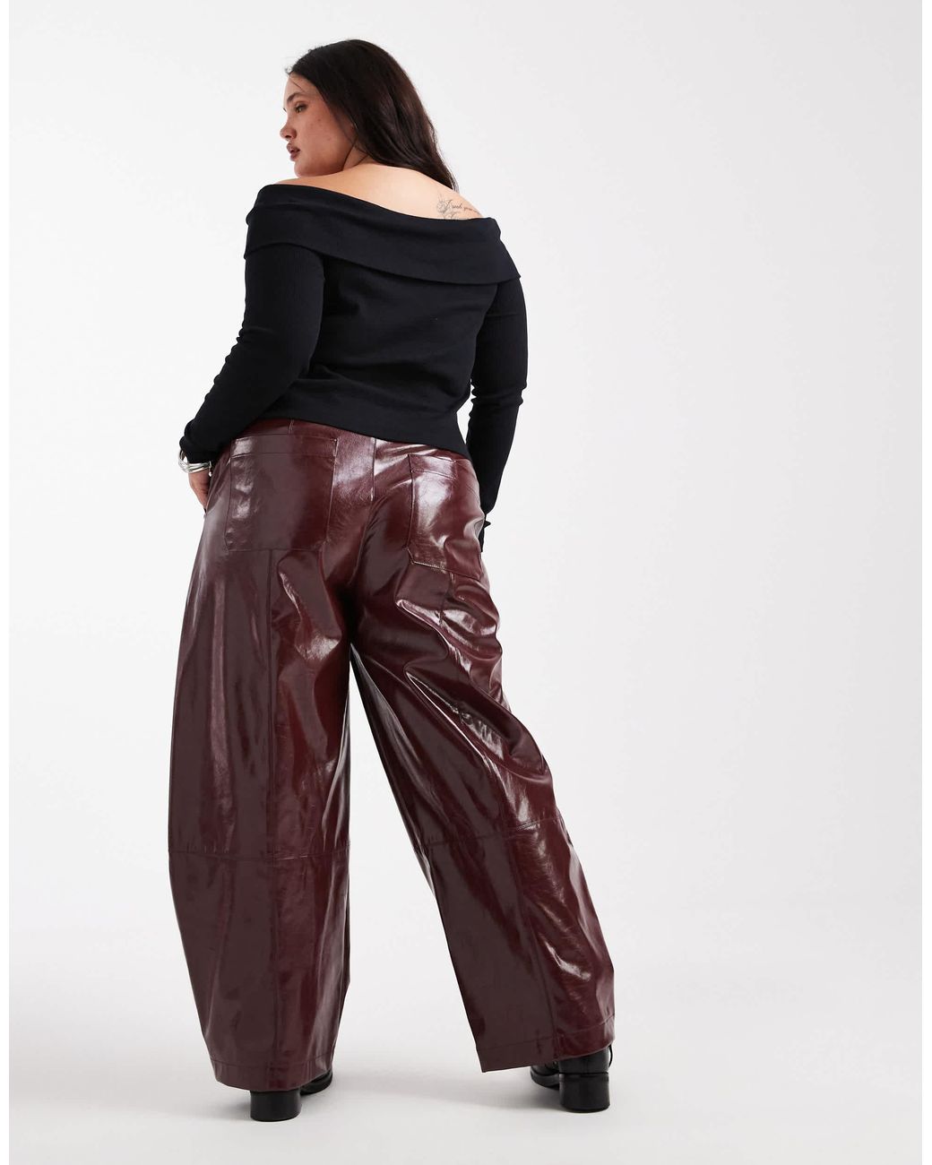 ASOS Curve Faux Leather Barrel Leg Trousers With Tab Detail in Red | Lyst
