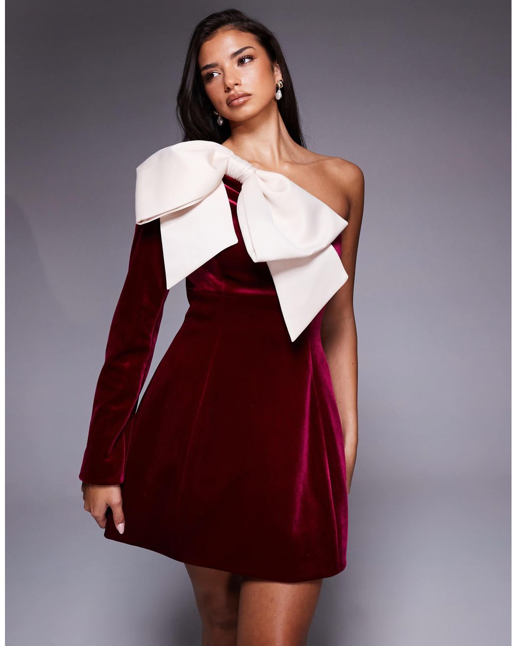 ASOS One-shoulder Velvet Mini Dress With Bow Detail in Red | Lyst