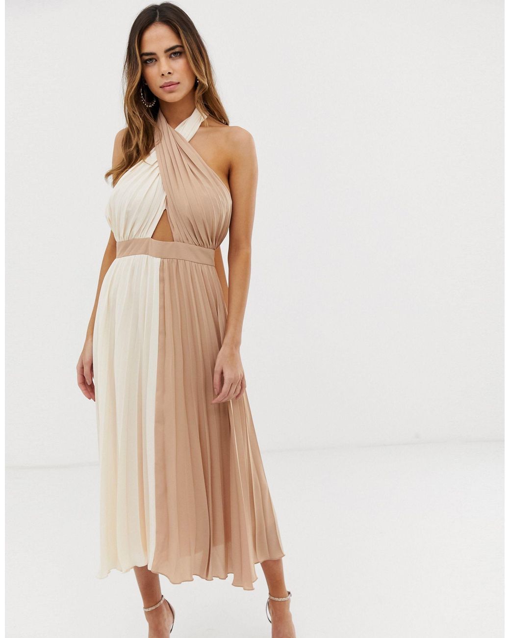 Asos Twist Neck Pleated Midi Halter Dress Lyst
