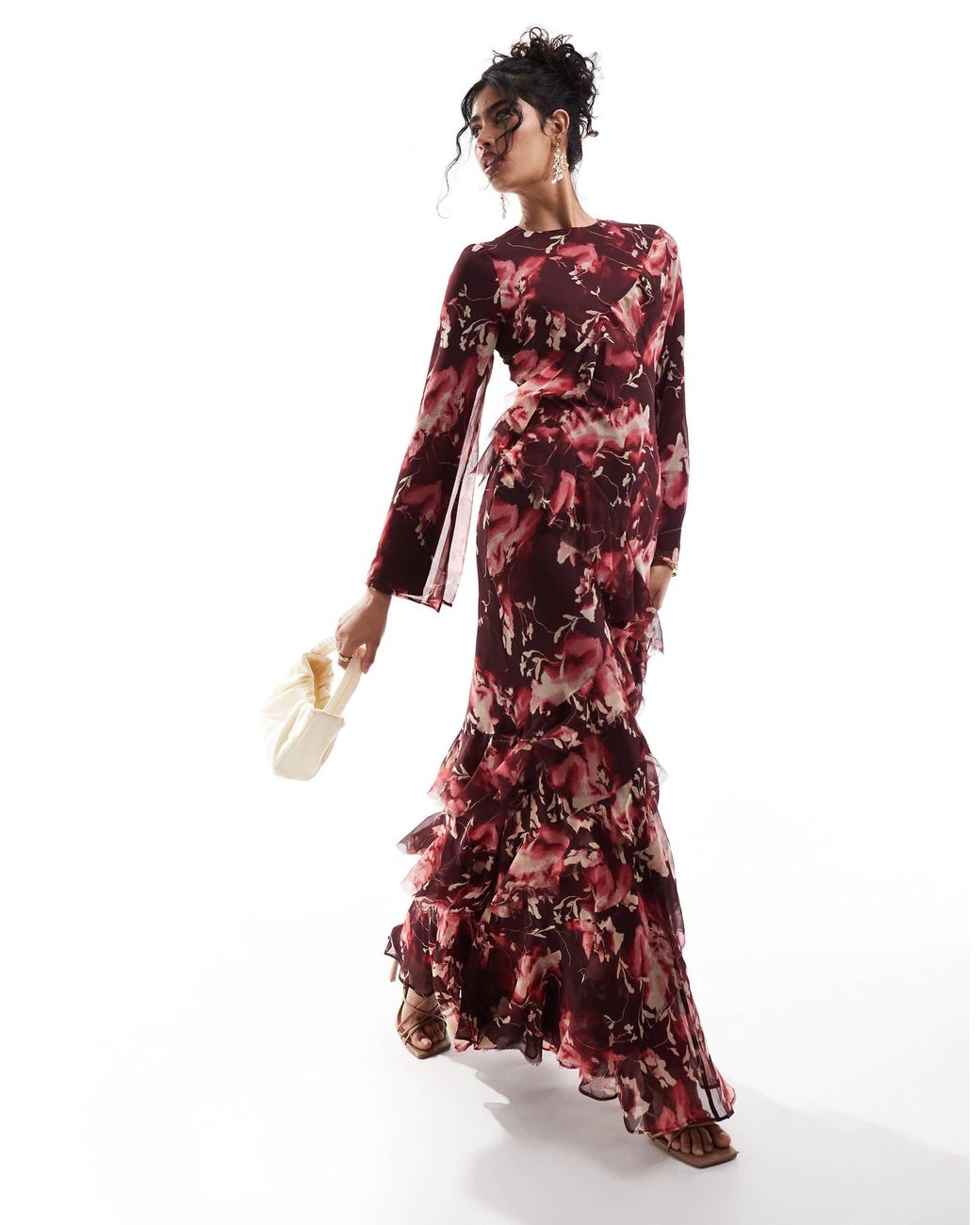 ASOS Fluted Long Sleeve Extreme Ruffle Maxi Dress in Red | Lyst