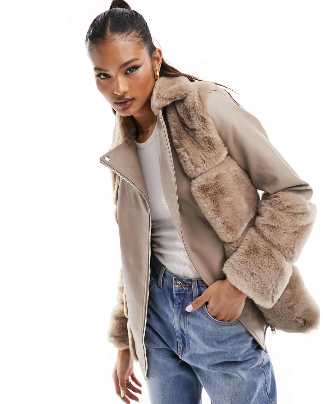 River Island Faux Fur Panelled Biker Jacket in White | Lyst