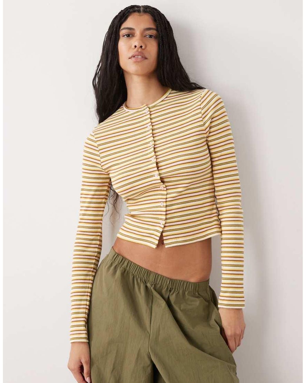 Miss Selfridge Stripe Button Through Top in Natural | Lyst UK