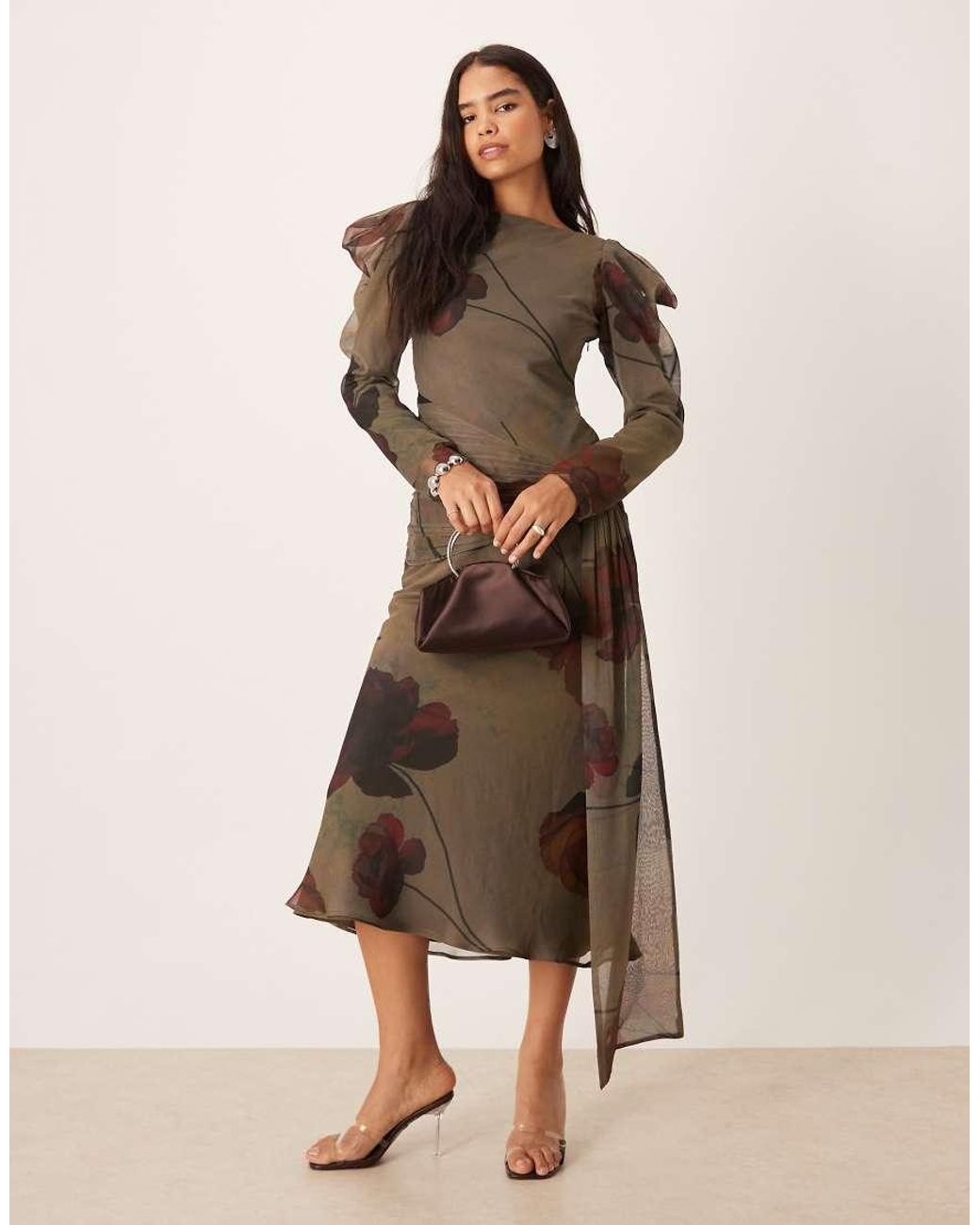 ASOS Drape Shoulder Maxi Dress in Natural | Lyst UK