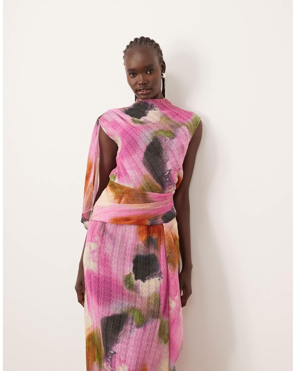 ARRANGE Plisse High Neck Drape Detail Sheer Midi Dress in Pink | Lyst