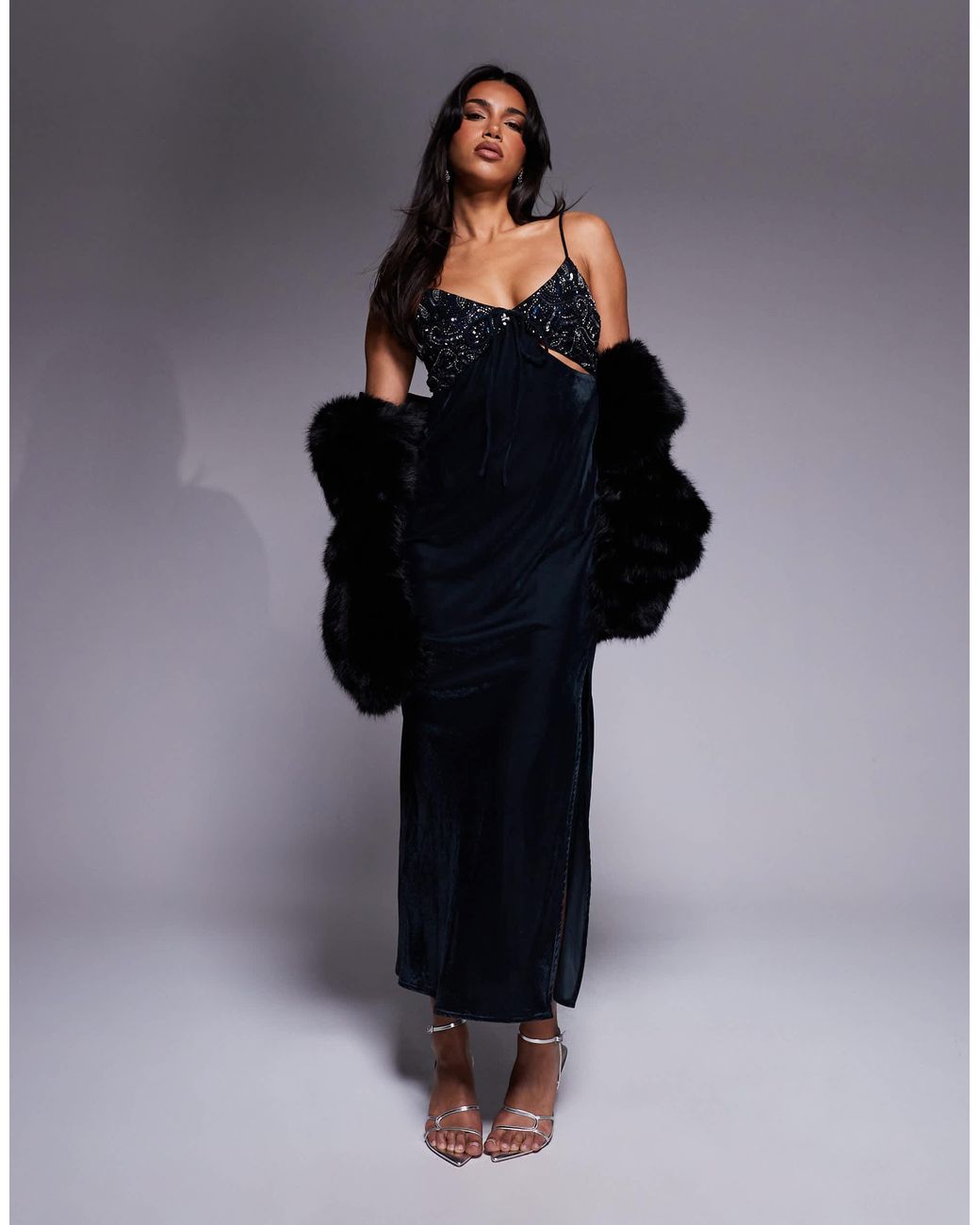 ASOS Embellished Bust Velvet Maxi Dress With Cut Outs in Blue | Lyst