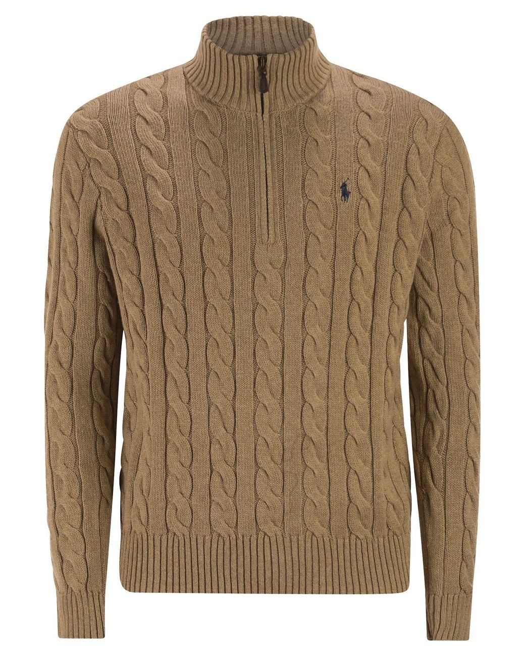 Polo Ralph Lauren Cotton Cable Knit Jumper With Zip Fastening in Brown ...