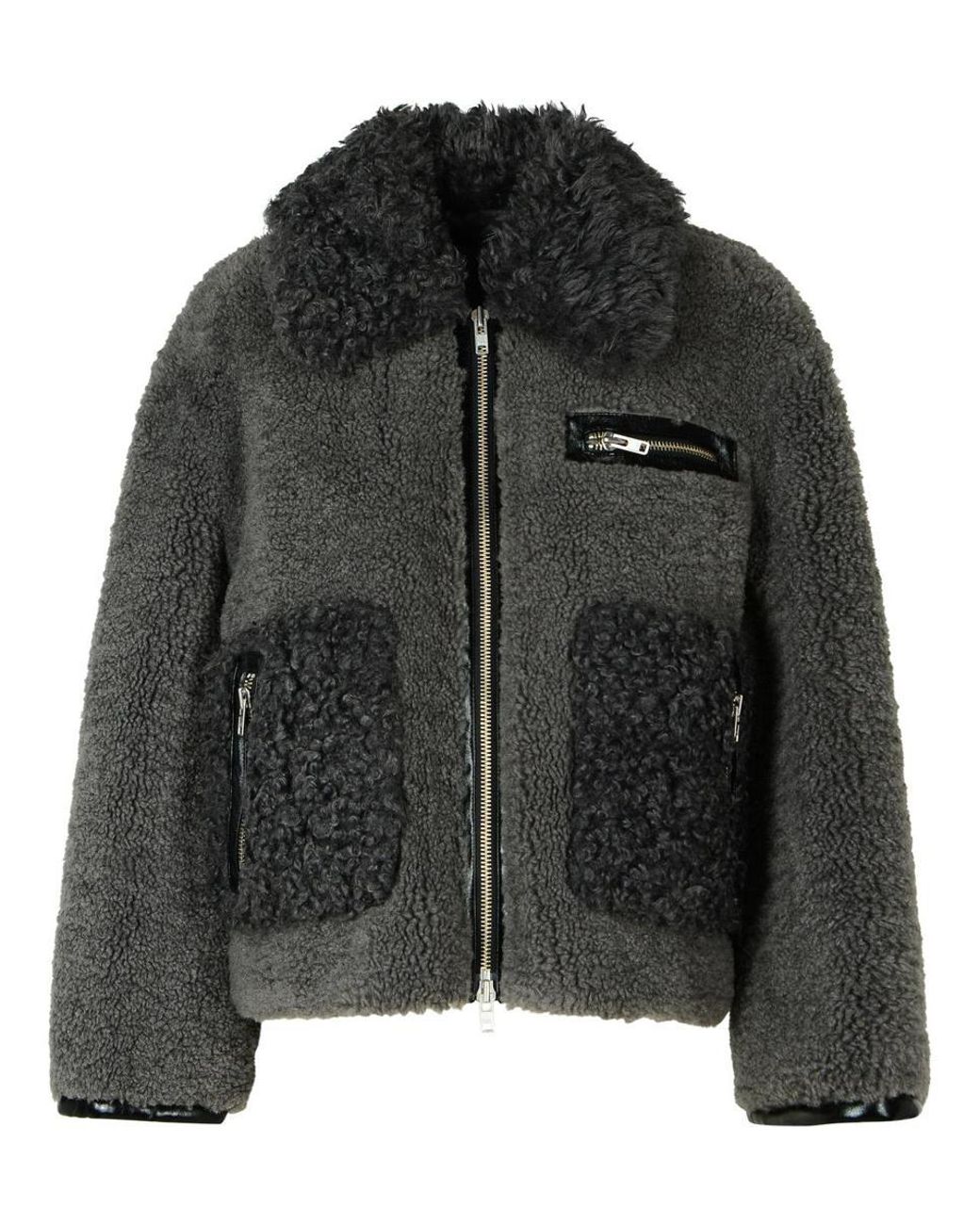 Stand Studio Faux Fur Short Coat with Leather Inserts in Black | Lyst