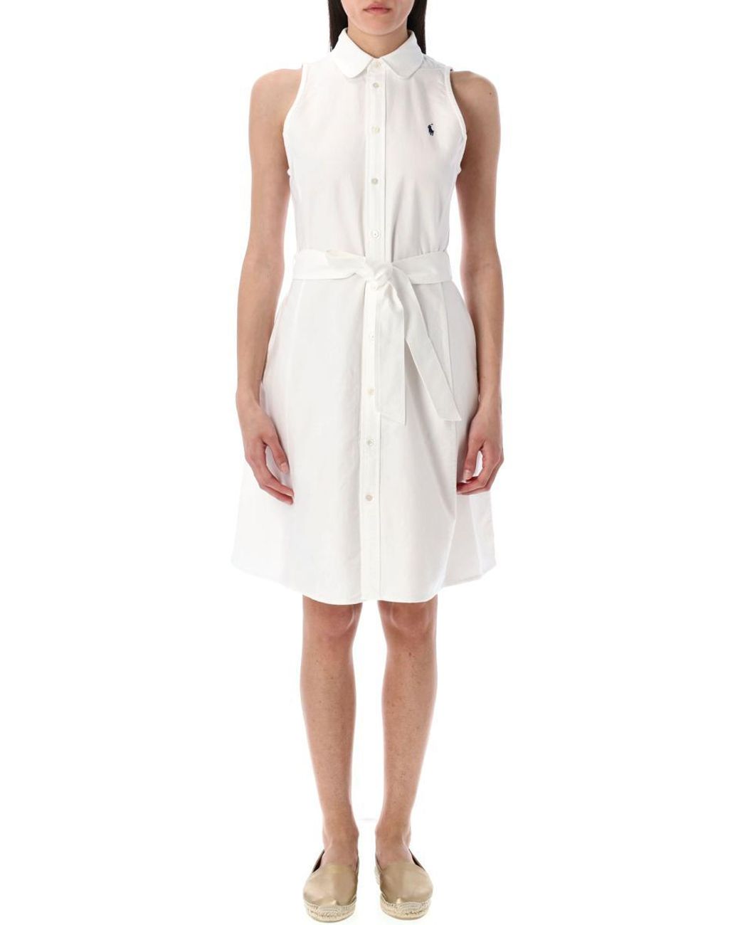 Polo Ralph Lauren Belted Oxford Sleeveless Mini Shirtdress in White | Lyst