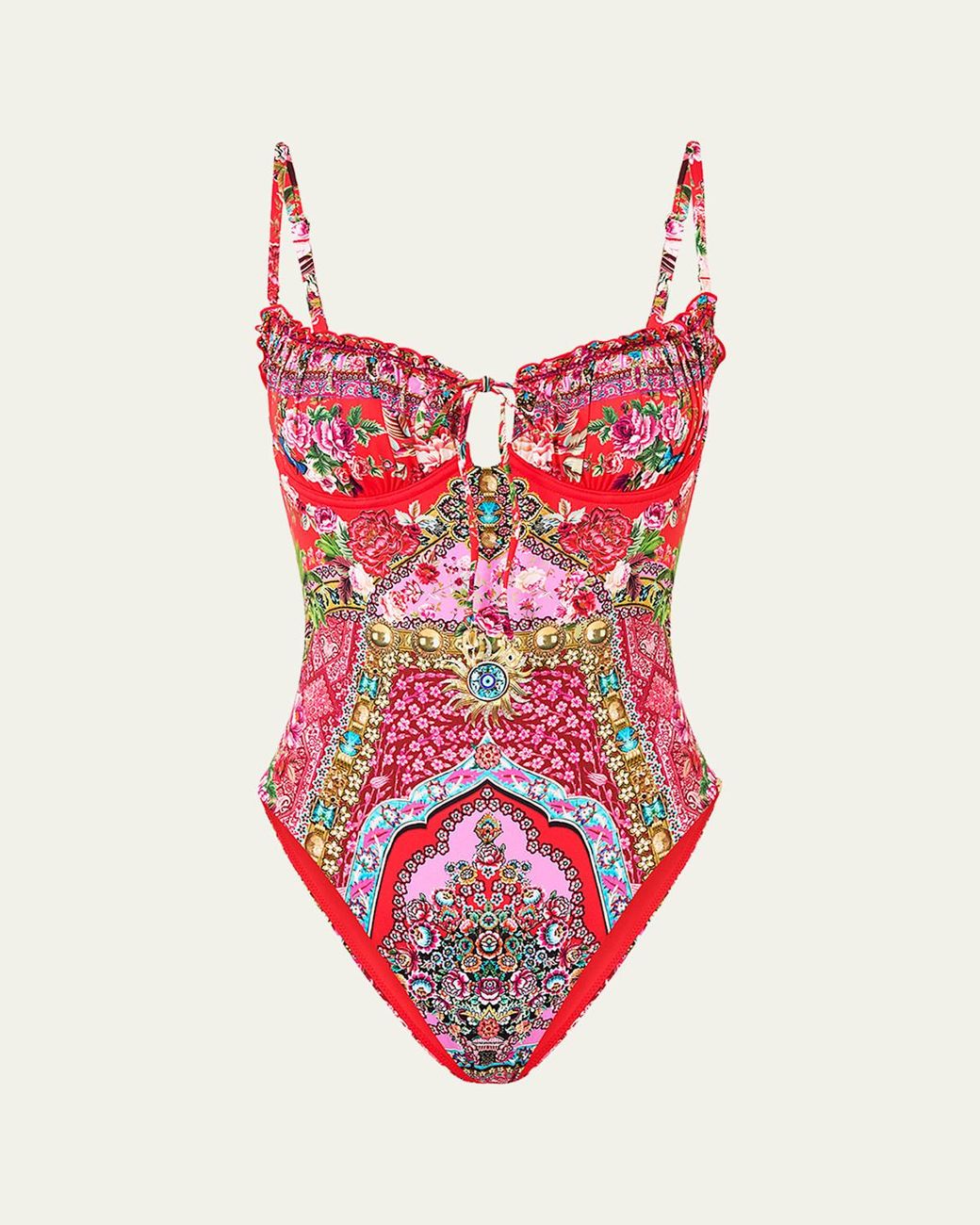 CAMILLA Heirloom Empire Ruched Cup Underwire One-Piece Swimsuit in Red ...