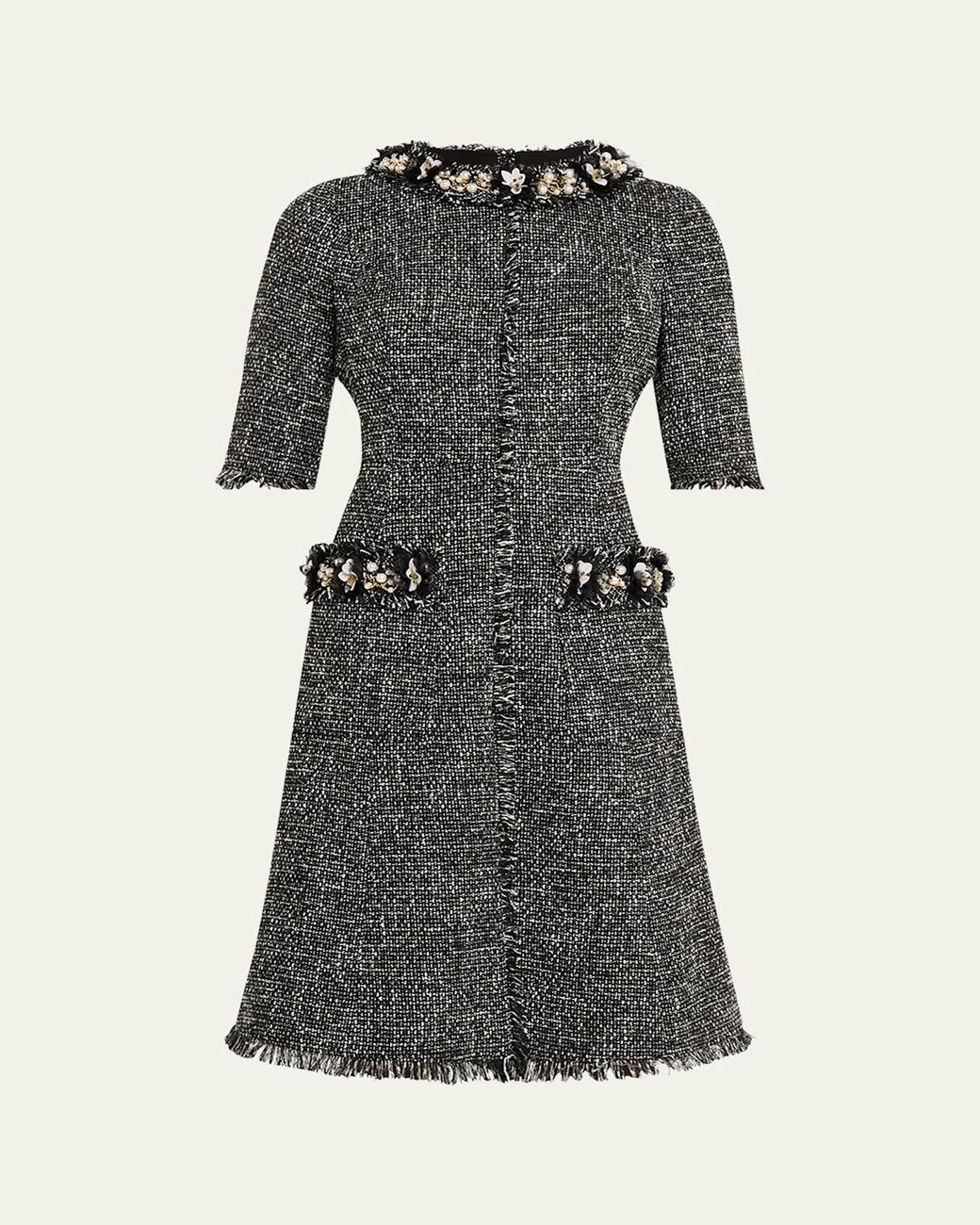 Teri Jon Bead & Pearl-Embellished Tweed Midi Dress in Black | Lyst