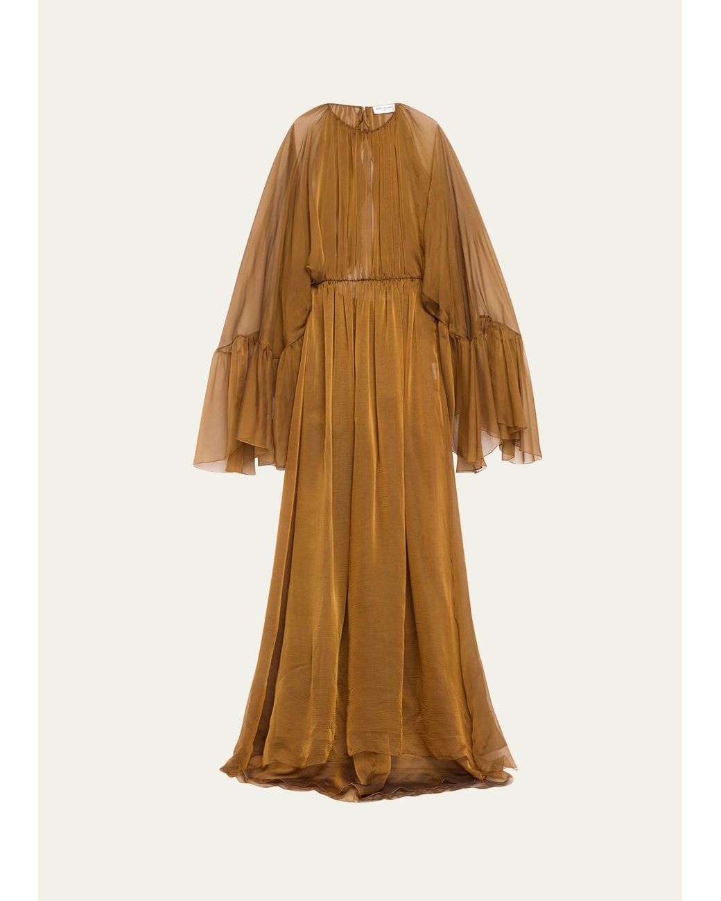 Saint Laurent Chiffon Flowy Gown With Ruffle Sleeves in Natural | Lyst