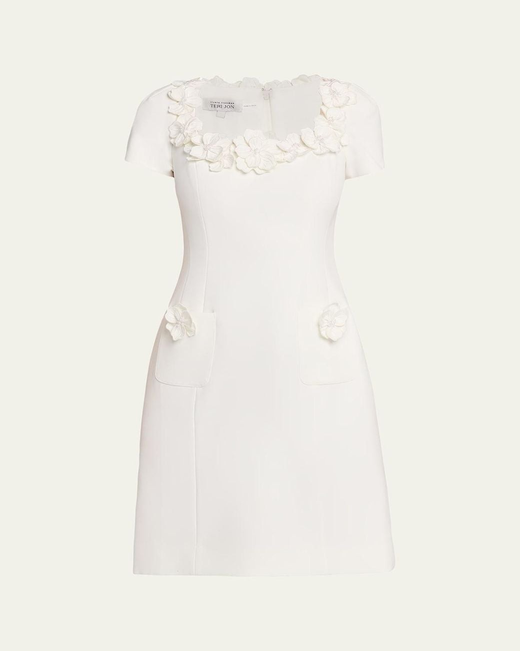 Teri Jon Floral Applique Crepe Mini Dress in Natural | Lyst