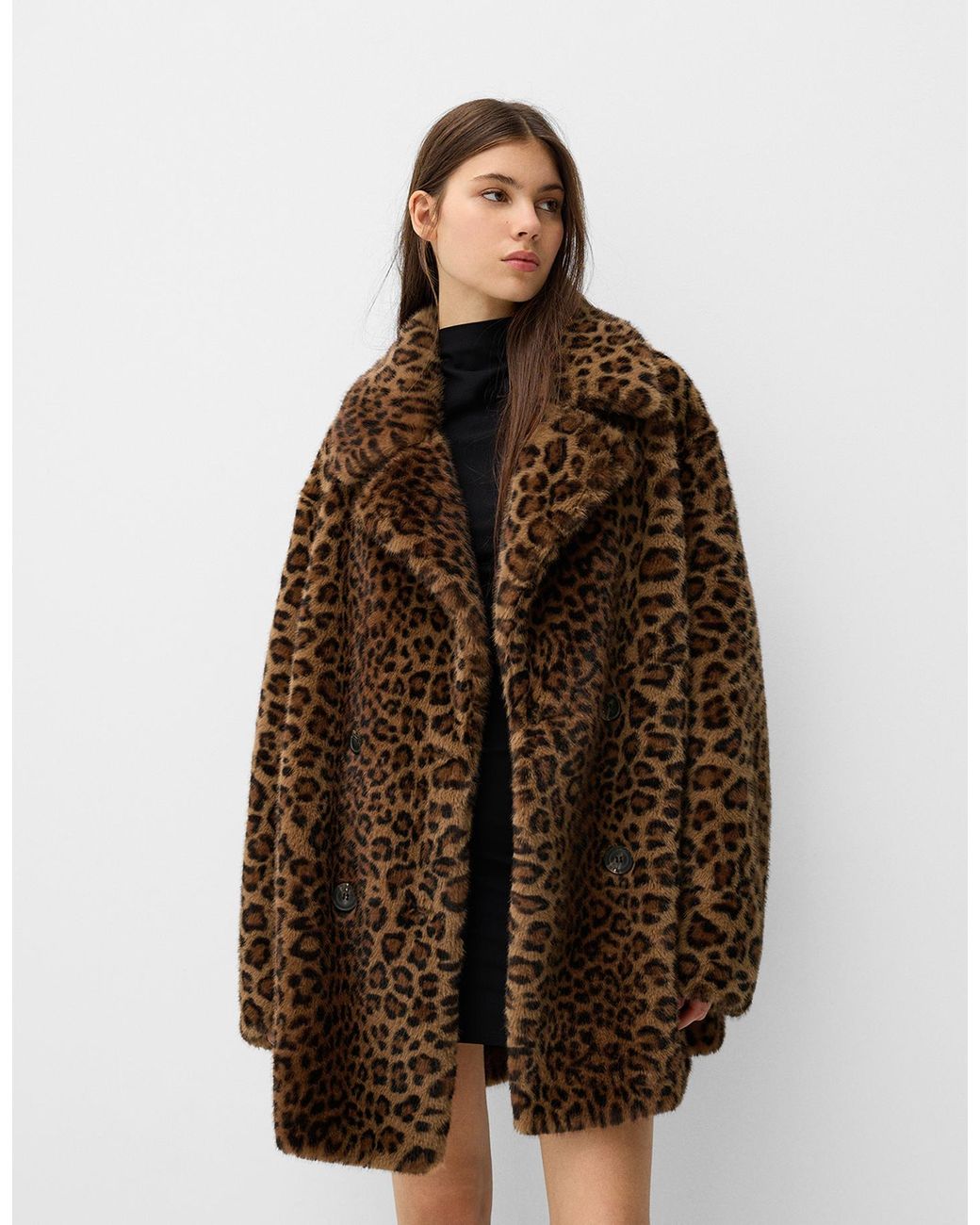 Bershka Animal Print Faux Fur Coat in Brown | Lyst
