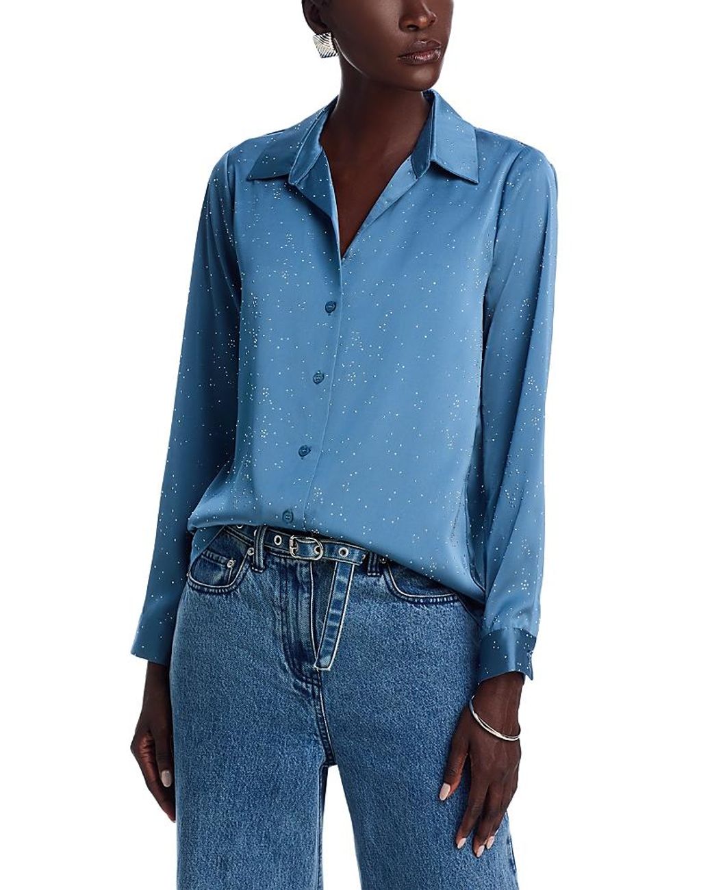 Aqua Satin Rhinestone Shirt in Blue | Lyst