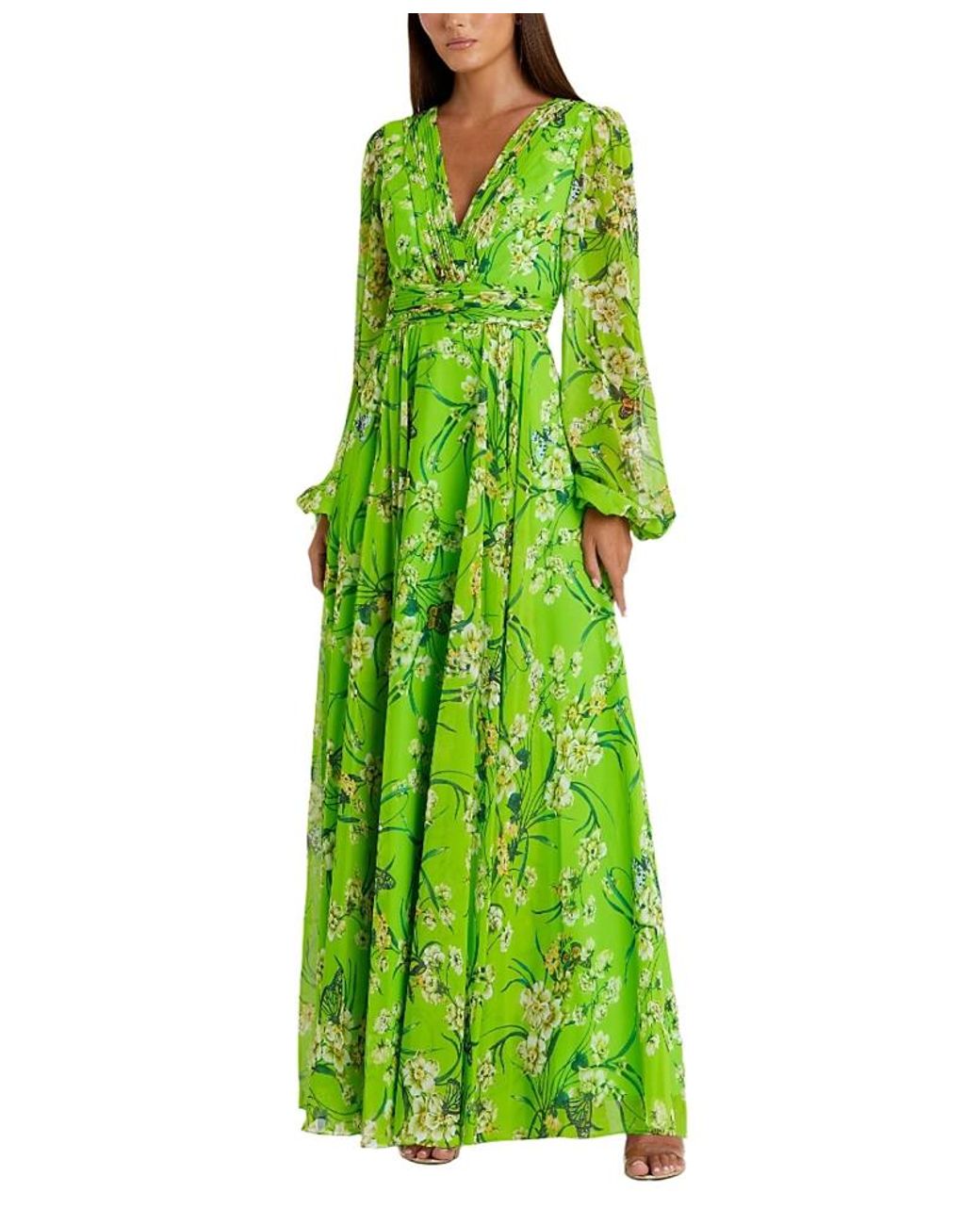 Mac Duggal Puff Sleeve Floral Chiffon Gown in Green | Lyst