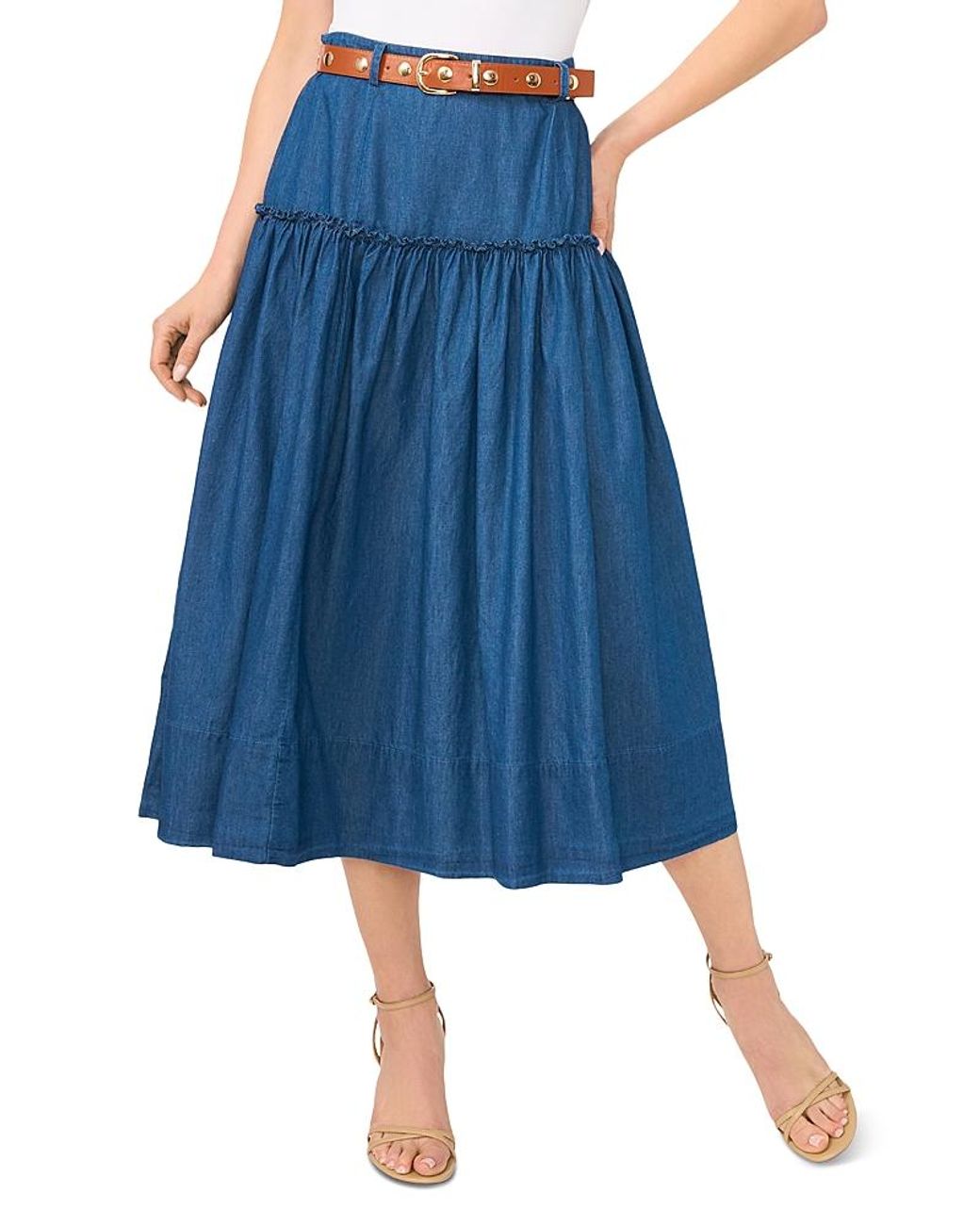 Cece Belted Denim Midi Circle Skirt in Blue | Lyst