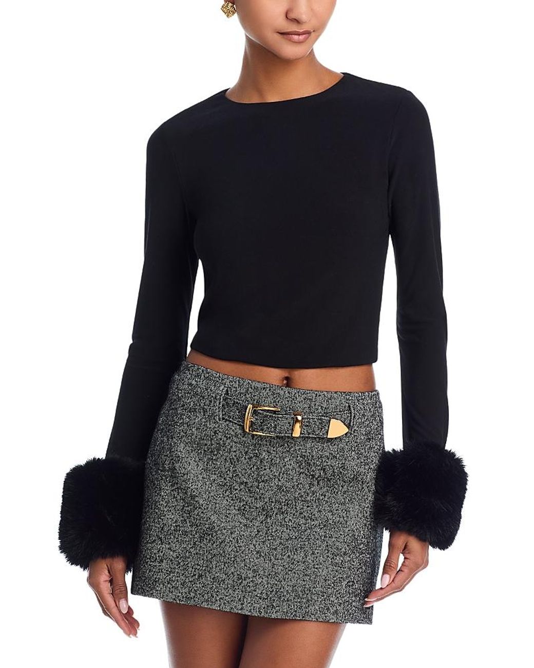Alice + Olivia Delaina Faux Fur Cuff Crop Top in Black | Lyst