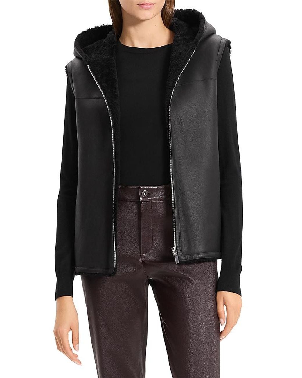Theory Hooded Shearling Vest in Black | Lyst