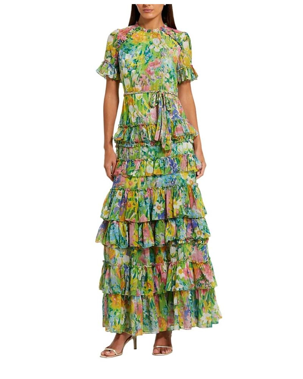 Mac Duggal Floral Printed Chiffon Tiered Ruffle Gown in Green | Lyst