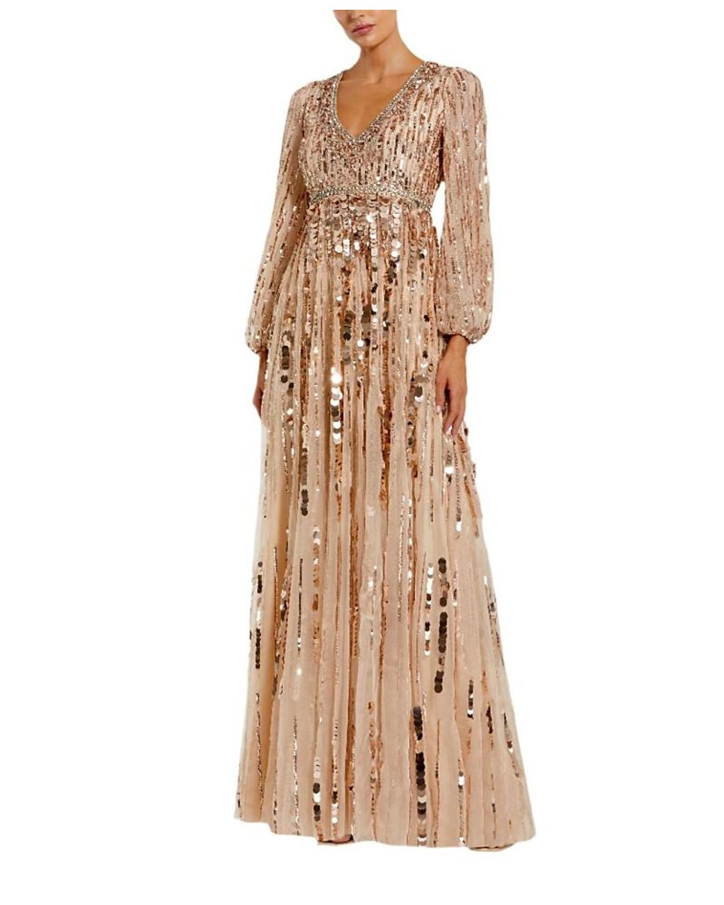 Mac Duggal Embellished Mesh Long Sleeve V Neck Gown in Natural | Lyst